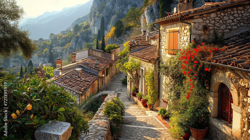 Scenic European Landscape: Old Town View with Mountains, Stone Houses ...