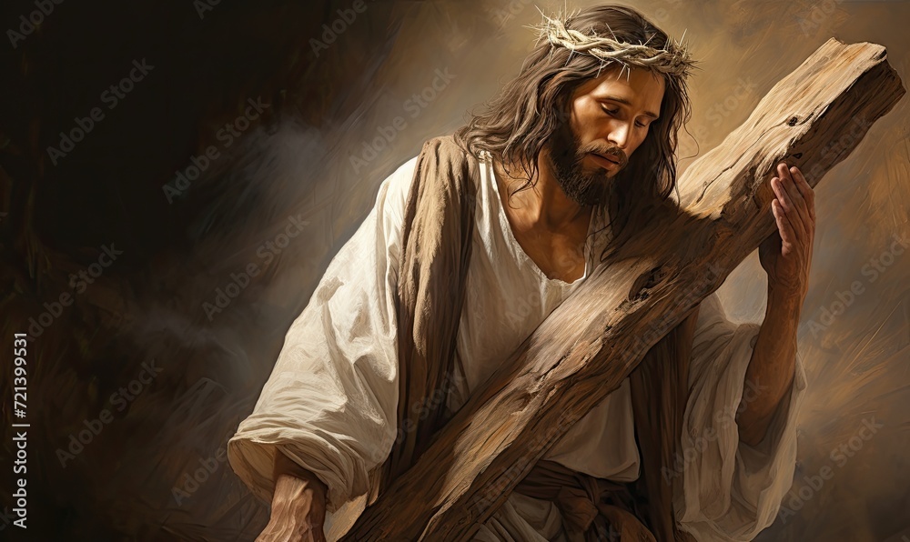 Jesus Christ carries a heavy wooden cross Stock Photo | Adobe Stock