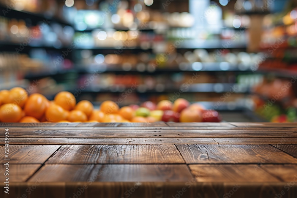 Wooden texture table top on blurred supermarket or grocery store and ...
