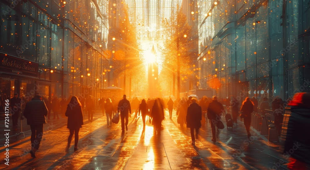 A bustling city street at night, lit by amber lights and lined with ...