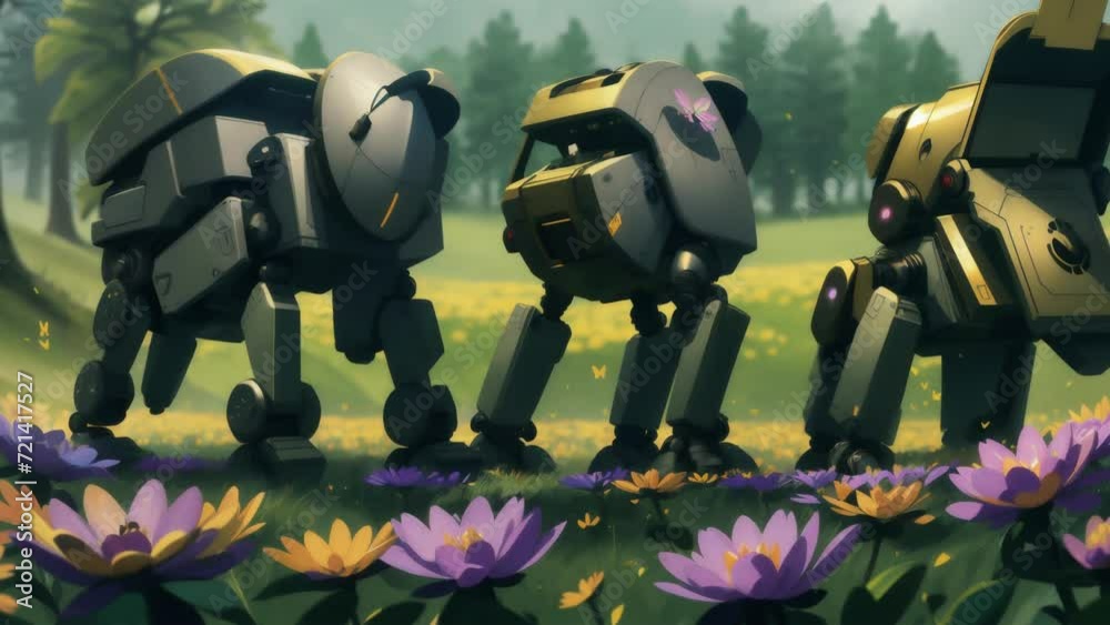 Steel Giants Amidst Blooms: A Surreal Scene Unfolds as Large Cyborg ...