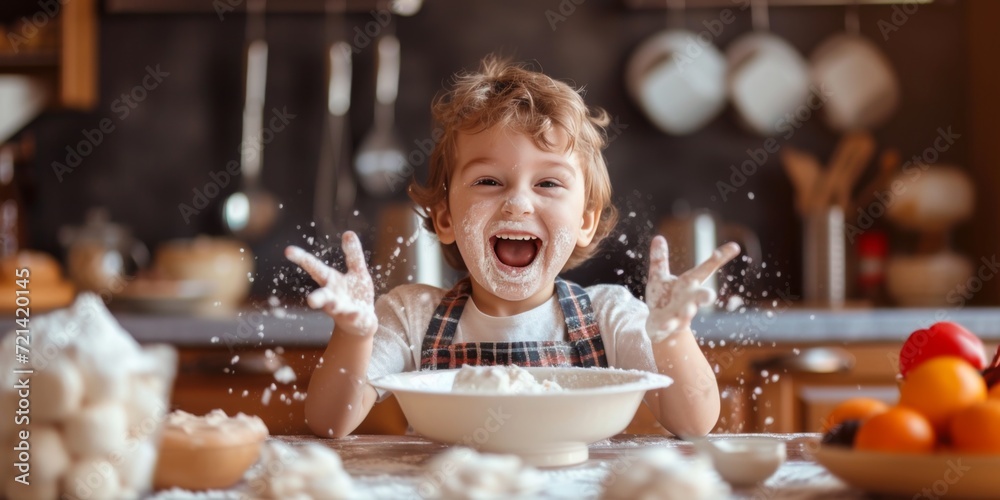 Foto de Excited Little Boy Covered In Flour, Having Fun Baking In ...