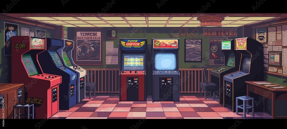 Vintage arcade room in pixel art style, featuring classic 8-bit arcade ...