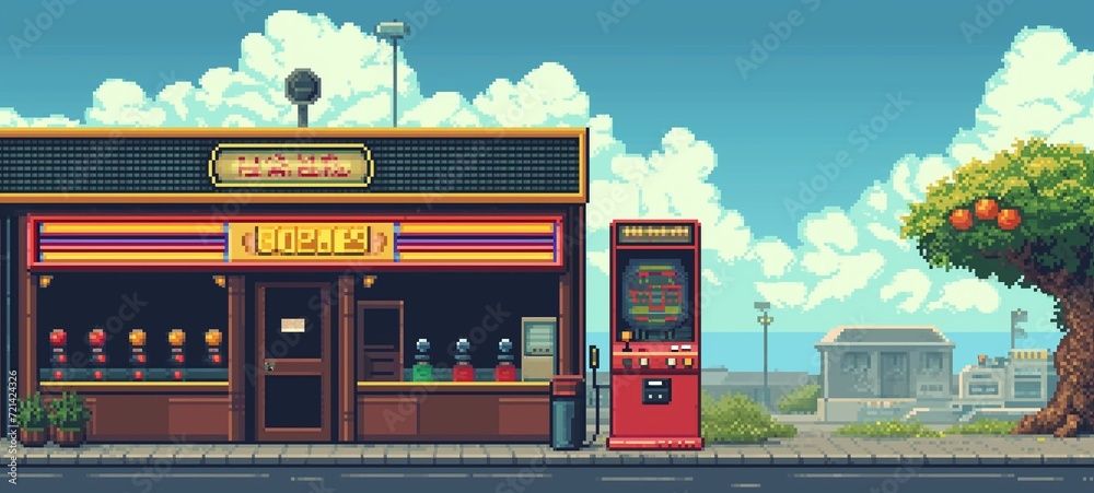 Pixel art illustration of a retro arcade storefront with a closed sign ...