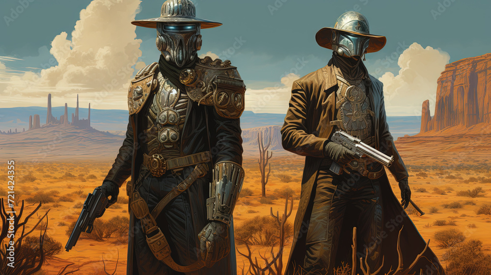 Space cowboys in sci-fi western scene. Sci-fi warriors of the wasteland ...