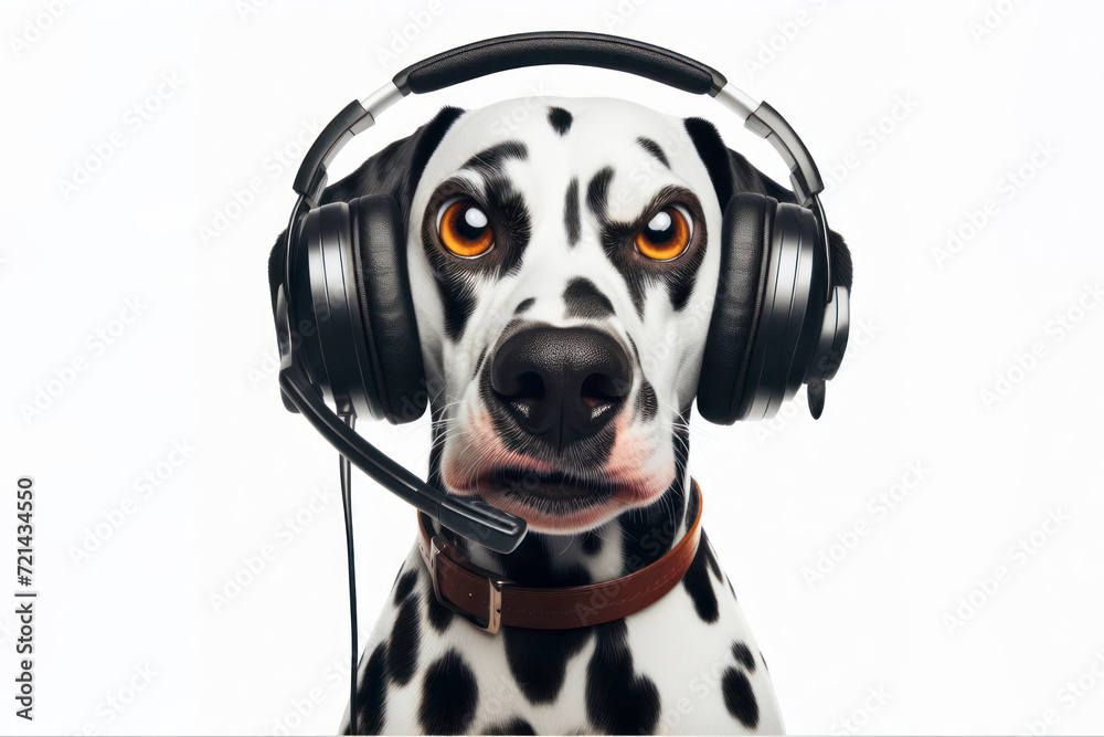 angry dalmatian dog with bulging big eyes in headphones and working in ...