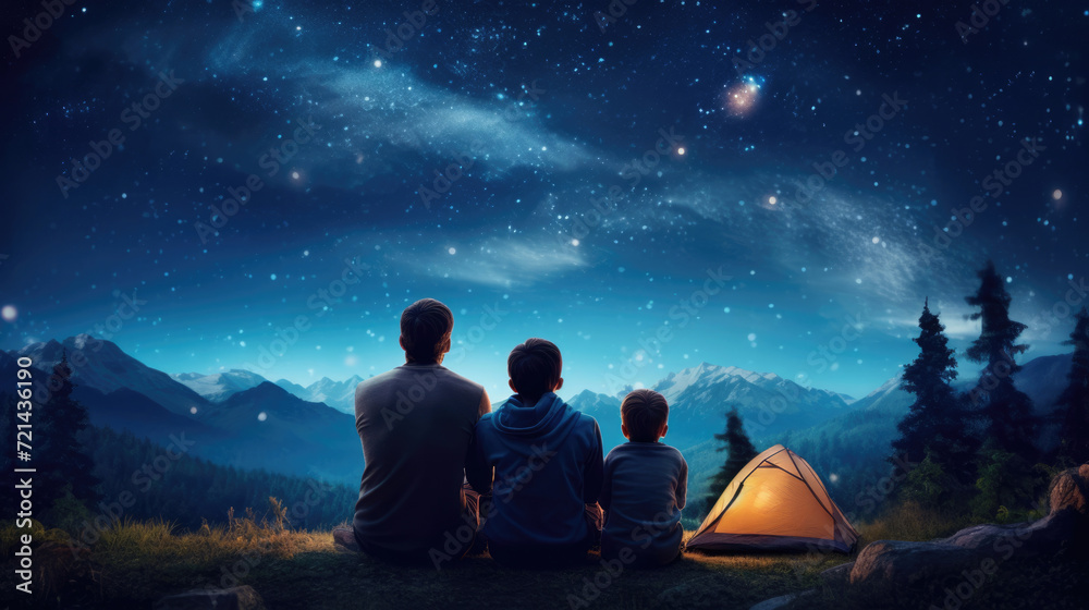 Family camping under the stars, with children exploring the night sky ...