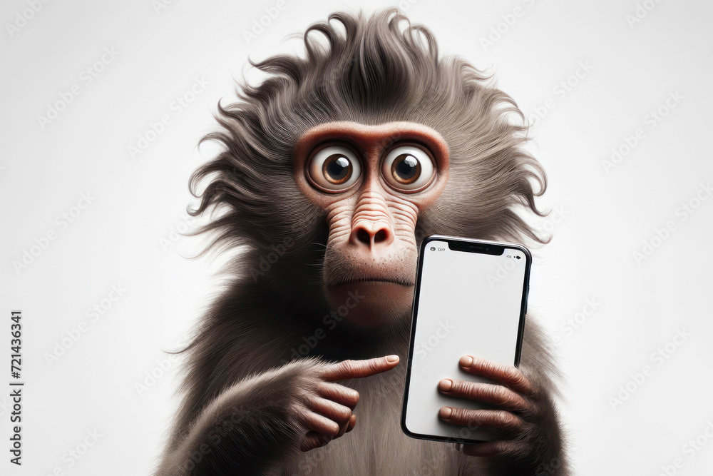 surprised baboon monkey with bulging big eyes point on smartphone with ...