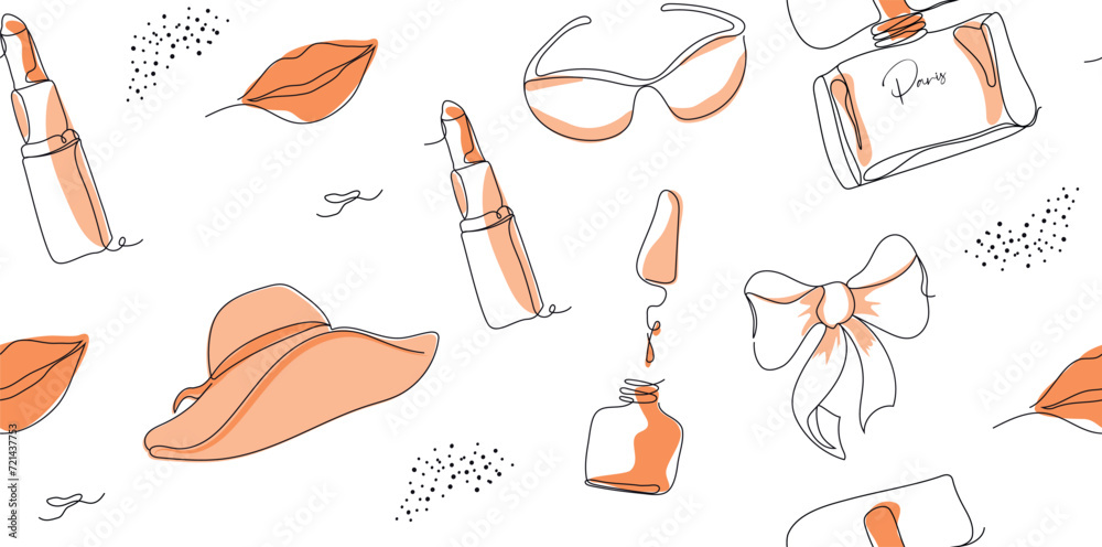 Elegant one line seamless background with trendy elements. glasses, hat ...
