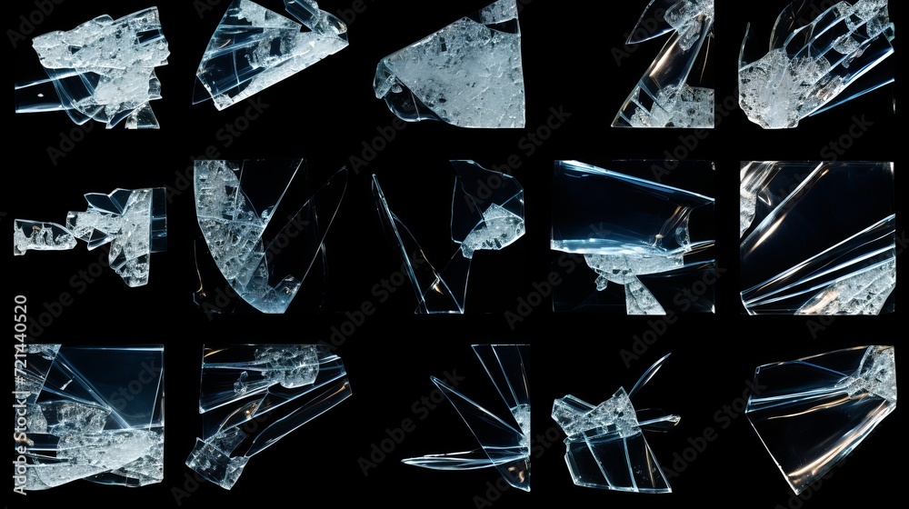 Broken glass fragments flow in a group of glass fragments on a black ...
