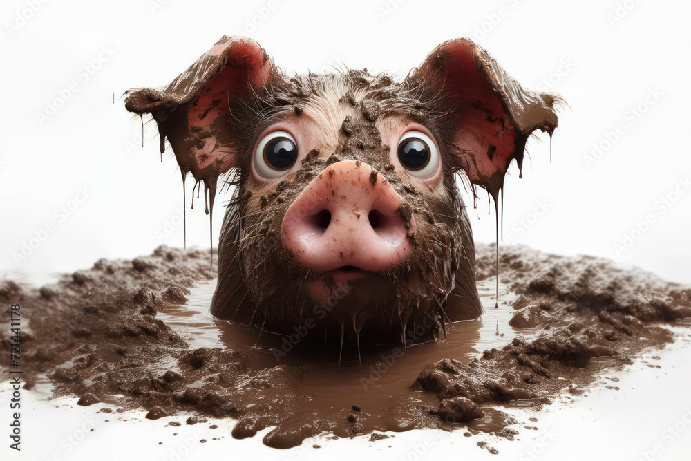 surprised dirty pig with bulging big eyes wallow in the mud isolated on ...