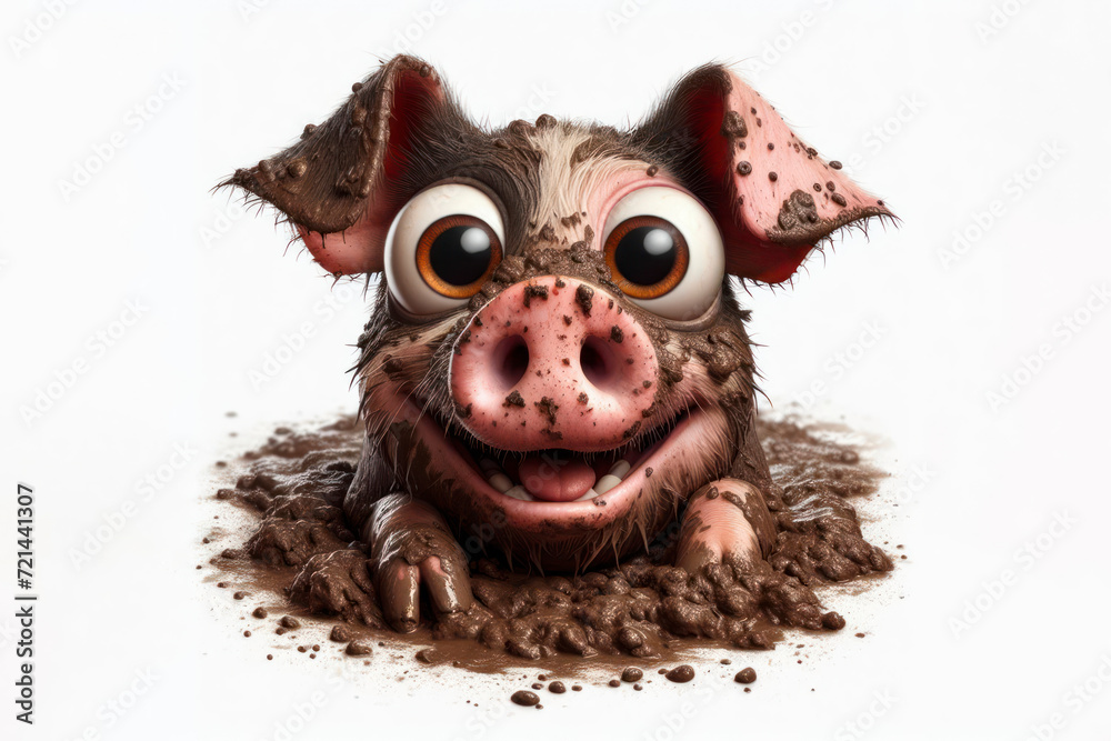 surprised dirty pig with bulging big eyes wallow in the mud isolated on ...