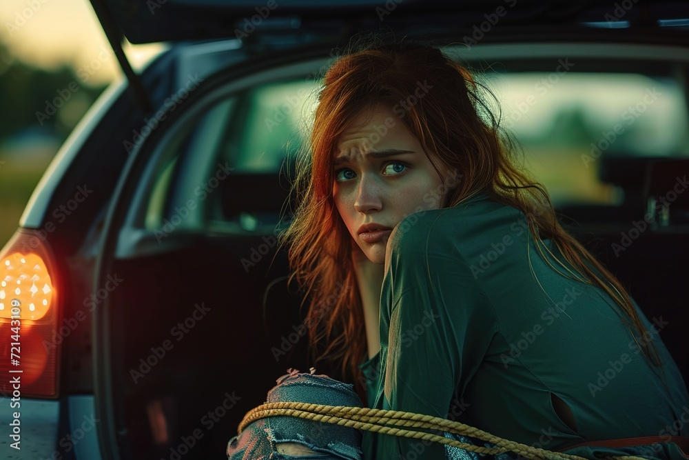 kidnapped woman Tied up girl lying in the car, security concept, Scare ...