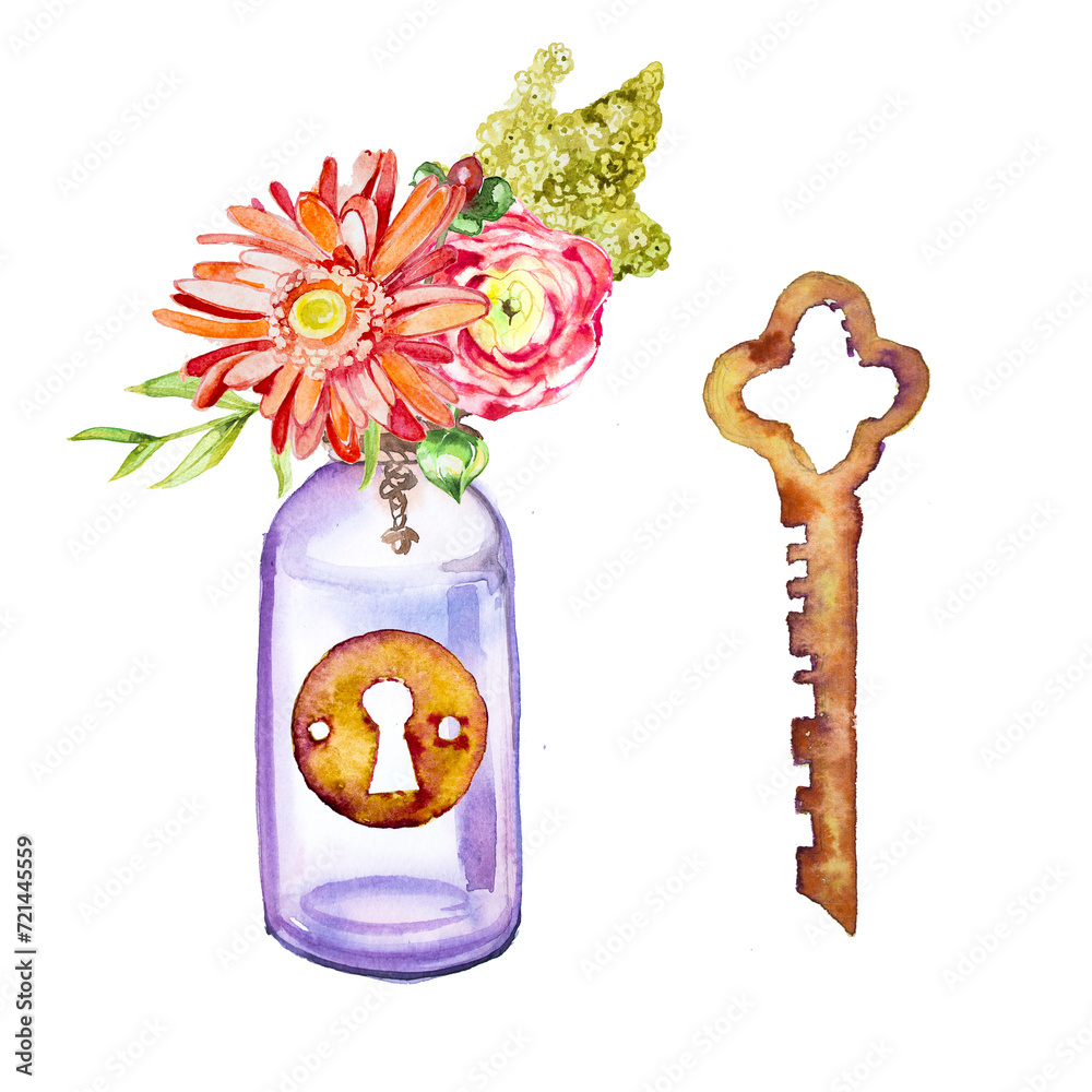 Beautiful watercolor vintage keys and lock on a bottle with flowers ...