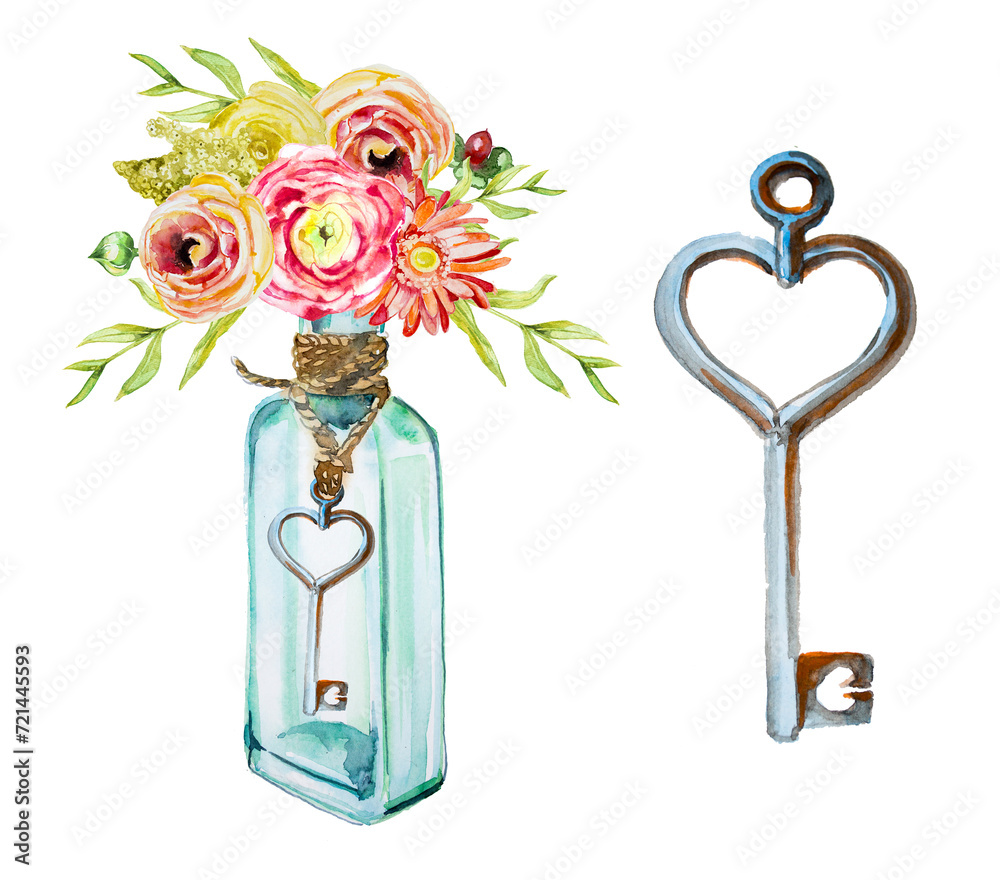 Beautiful watercolor vintage keys and lock on a bottle with flowers ...