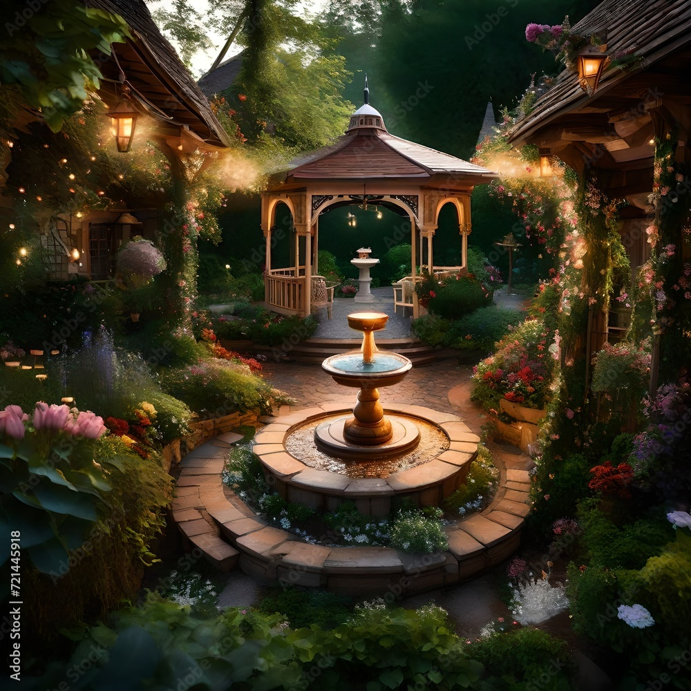 japanese garden with lantern ,A fairy-tale garden with a gazebo, a ...