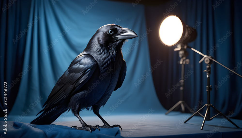 Majestic Raven Posing Under Spotlights in a Studio Setting With Blue ...