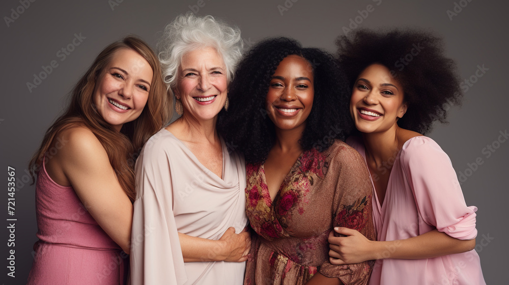 Four happy women of different races and ages pose together in the ...