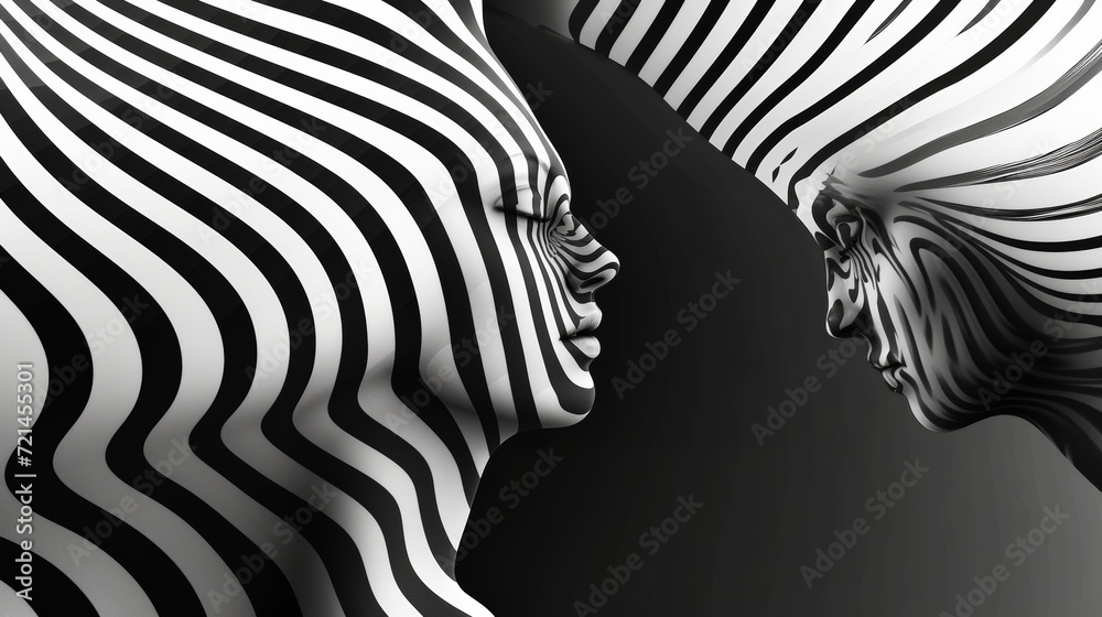 Abstract Zebra Stripe Illusion with Human Profiles. Black and white ...