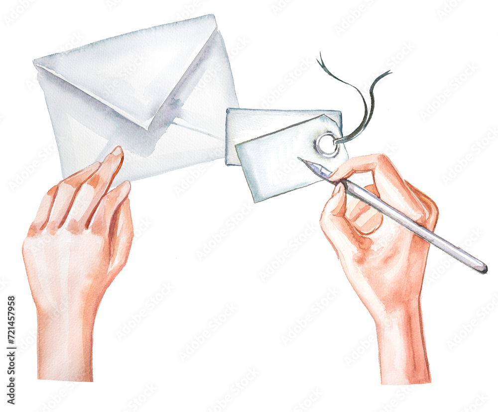Watercolor hand painted hands writing on a an envelope. Vintage ...