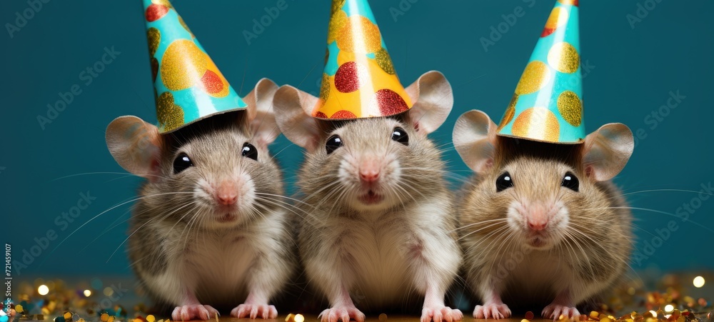 Tiny party hats adorn the heads of mice as they celebrate joyously ...