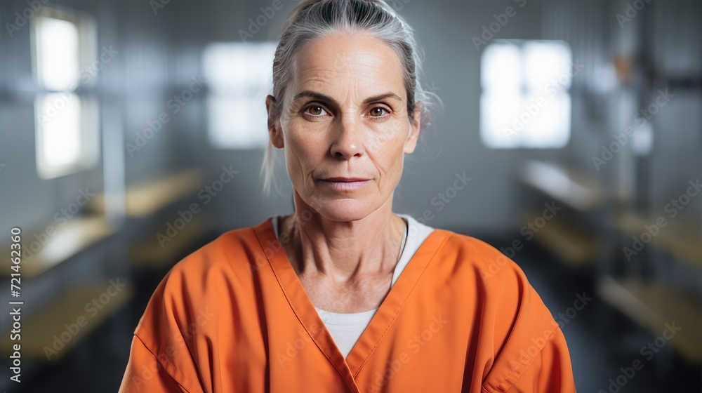 Senior woman in prison uniform sits behind bars in dark prison for ...