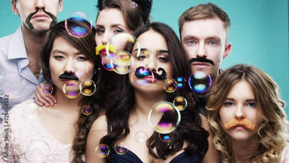 Vidéo Stock People, bubbles and party with portrait, event and ...