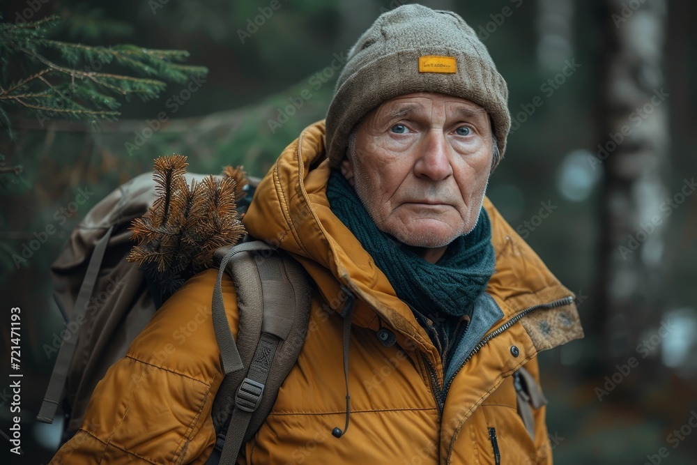 A rugged explorer braves the winter wilderness, his face hidden beneath ...