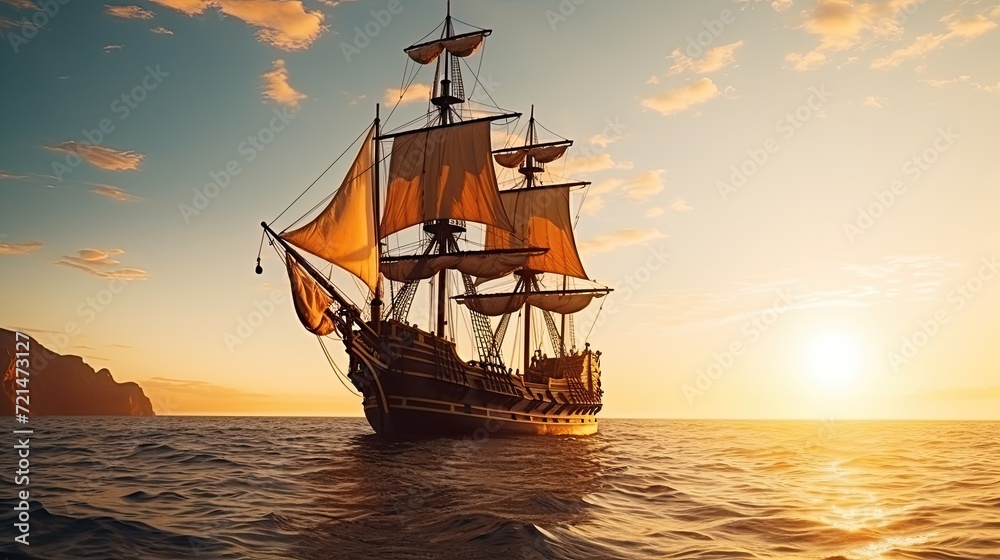 Small sailing ship in the open sea at sunset. The Crimson Tide, a ...