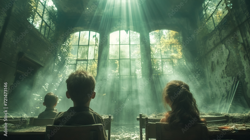 Survivor children in an abandoned school at their desk after a nuclear ...