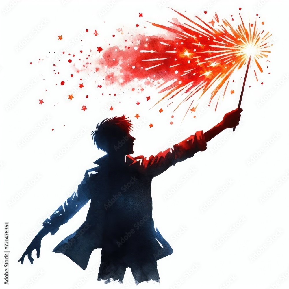 Silhouette of a teenage boy wizard casting a spell with a magic wand ...