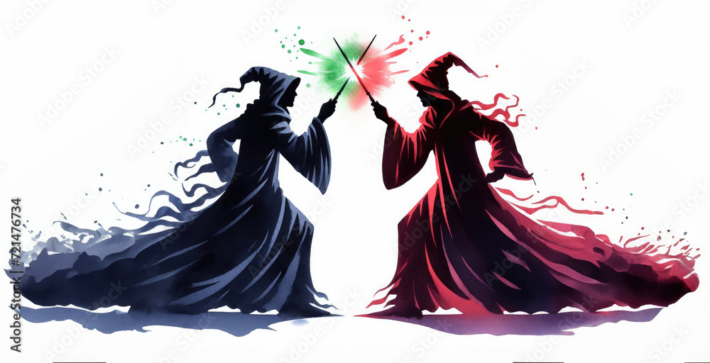 Silhouette of two wizards casting magic spells and fighting. Stock ...