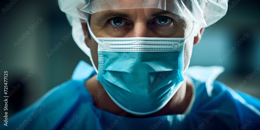 Focused healthcare professional in scrubs and surgical mask. portrait of a dedicated surgeon ...
