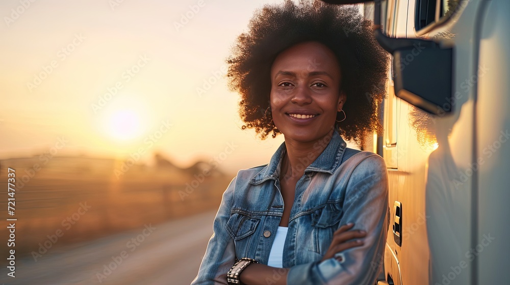 Female professional truck driver looking at camera. A confident female ...