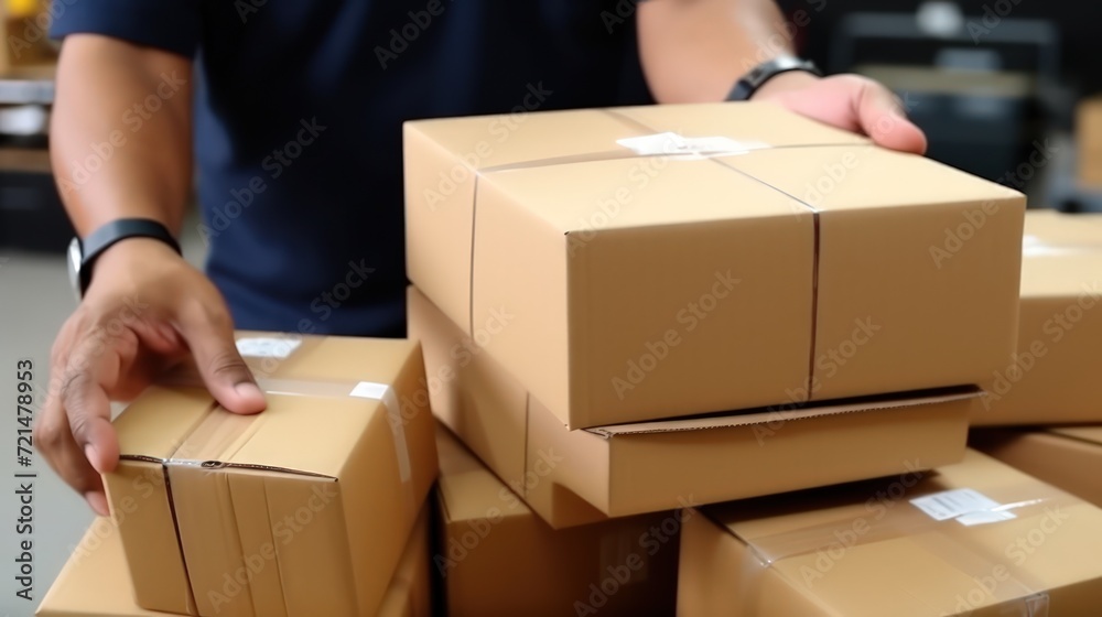 Delivery serviceman while working in a postal service warehouse ...