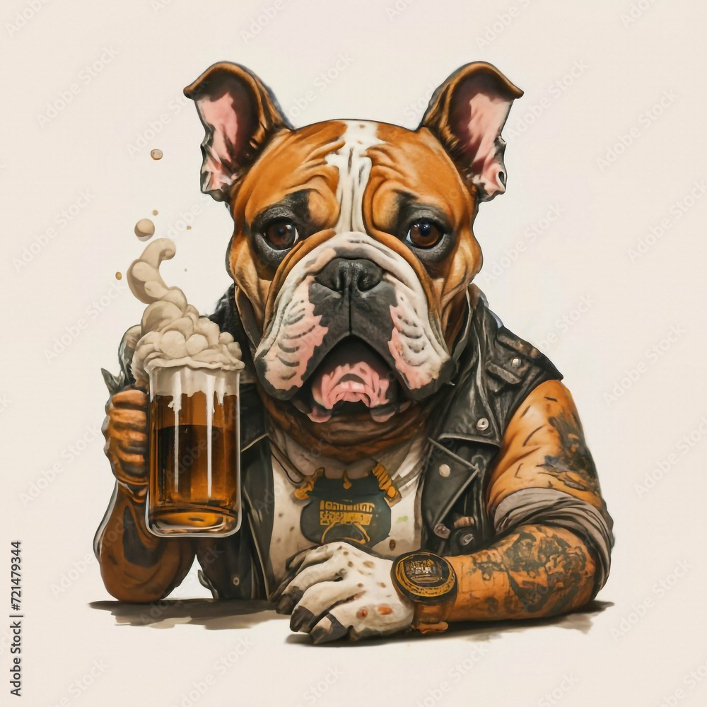 Cartoon illustration Pitbull holding a beer with black leather jacket ...