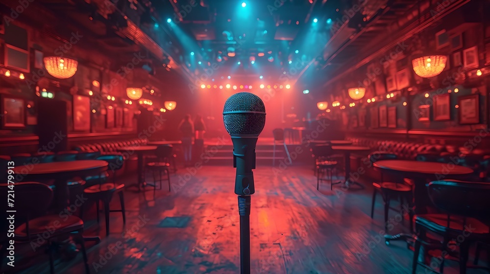 Empty stage with microphone awaits performer in a vintage pub ...
