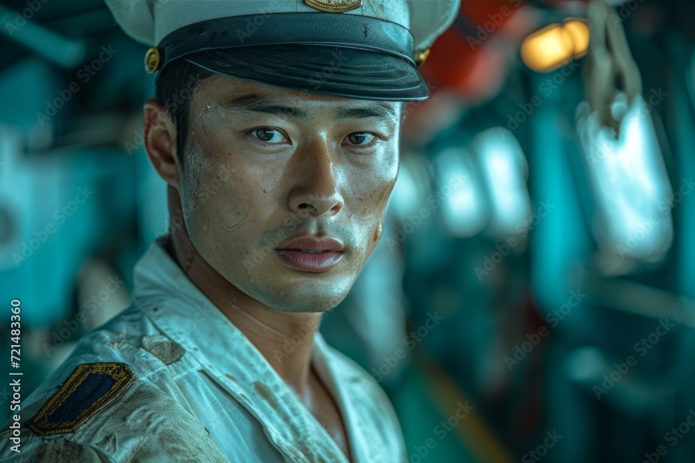 A stoic man stands tall in his crisp military uniform, his face bearing ...