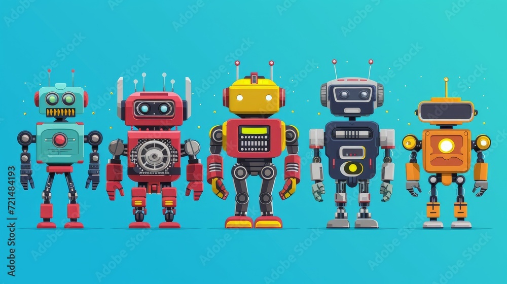 Group Of Modern Robots Isolated On Blue Background Cute Cartoon ...