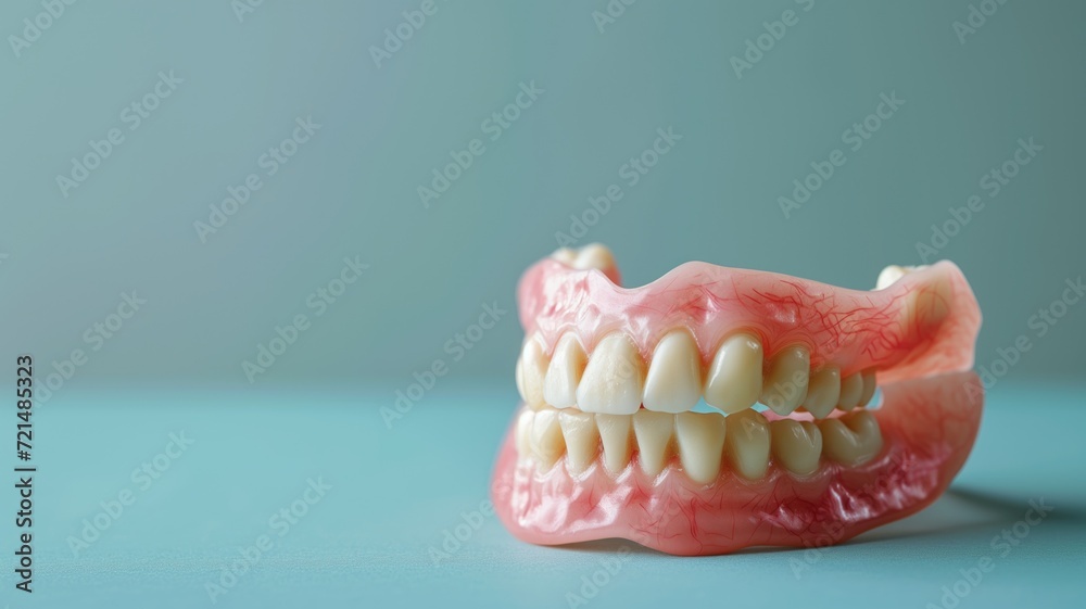 A full set of upper and lower denture teeth model on a solid light blue ...