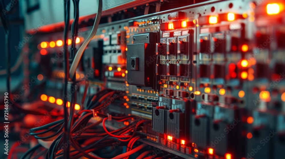 Voltage switchboard with circuit breakers. Electrical background Stock ...