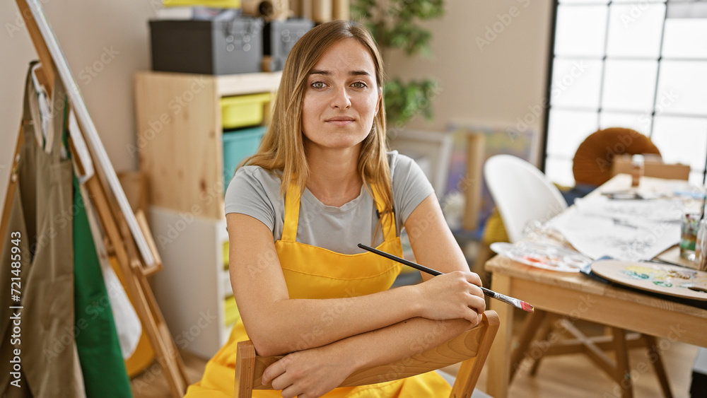 Blonde artist, a young woman, expressing her creativity, sitting ...