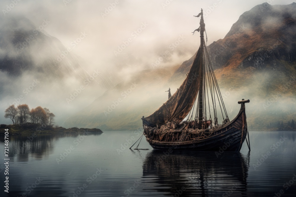Sailing viking row ships on river. Drakkar, longships. Scandinavian ...