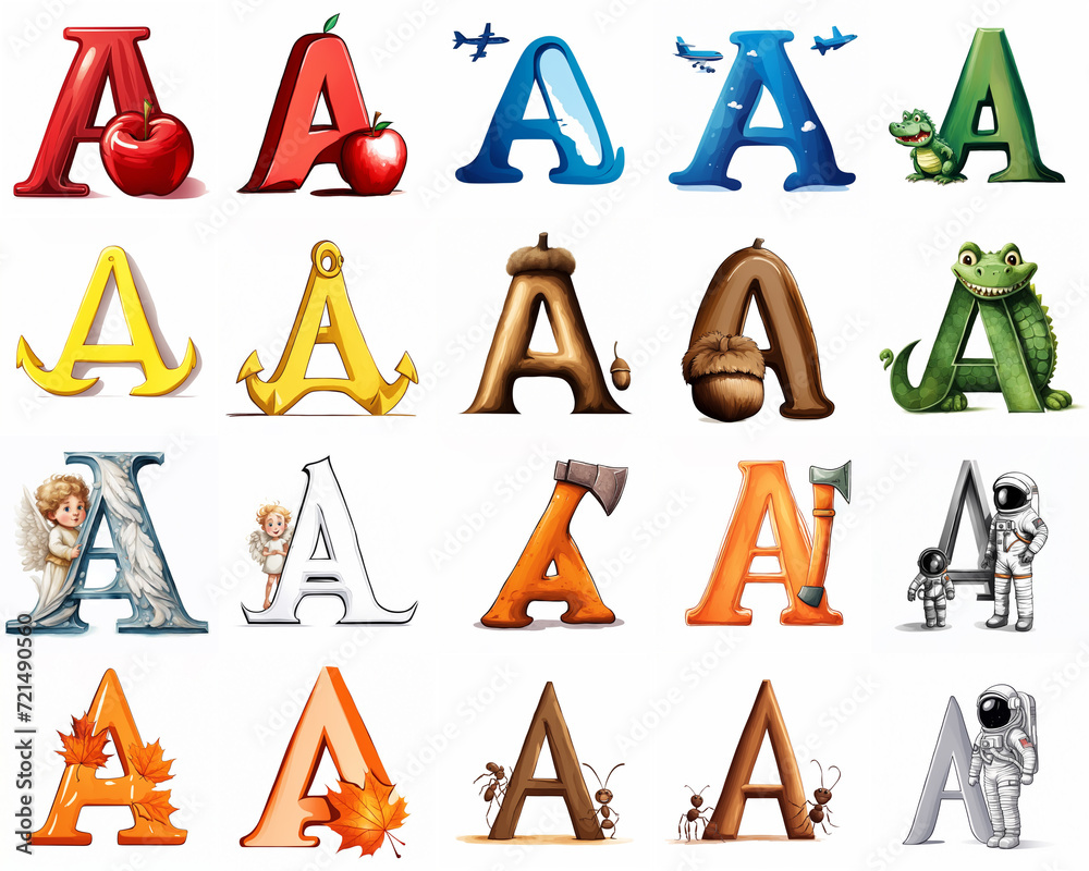 Group of various colourful A letters with pictures of words starting ...