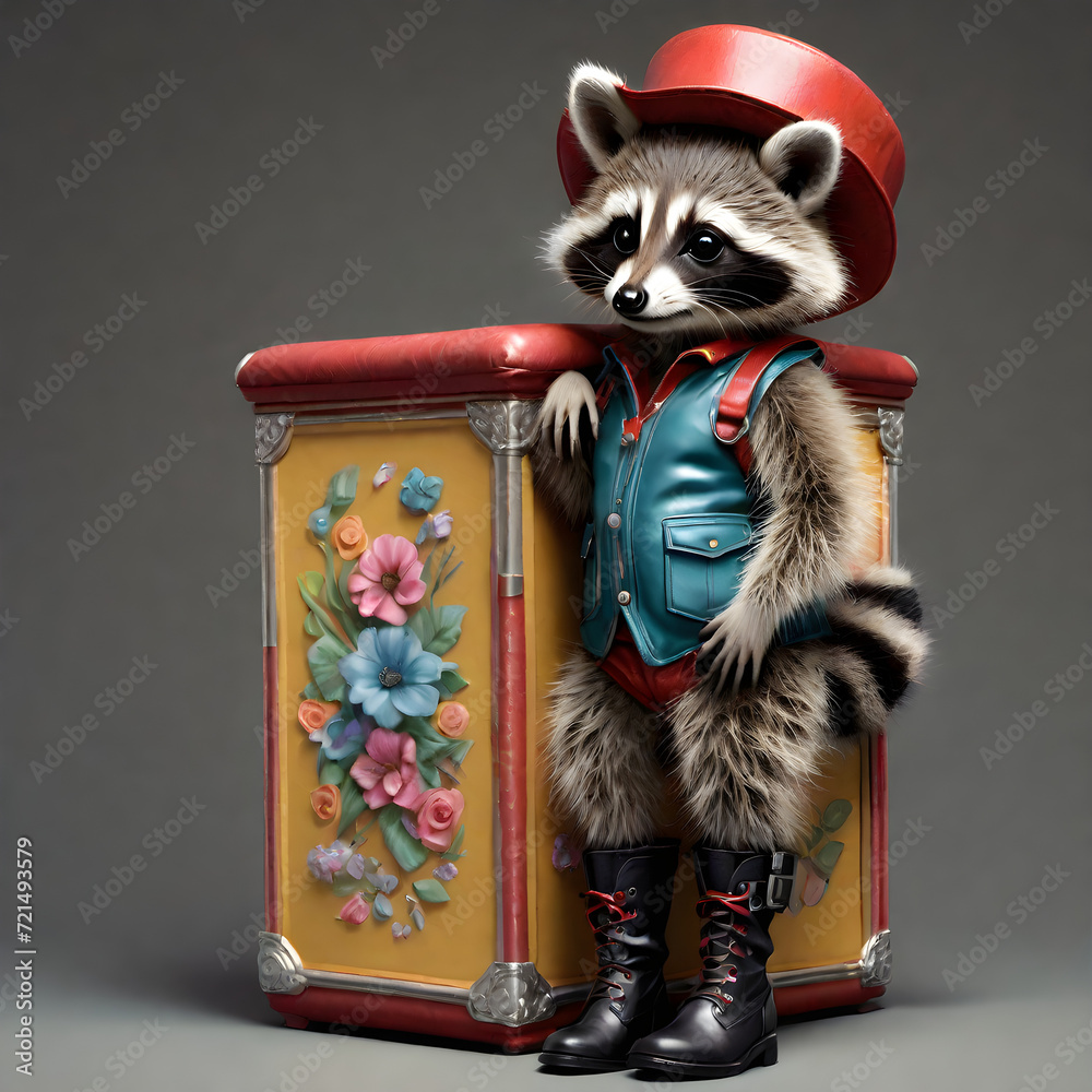 In this lovely portrait, we can see a fluffy baby raccoon captivated by ...