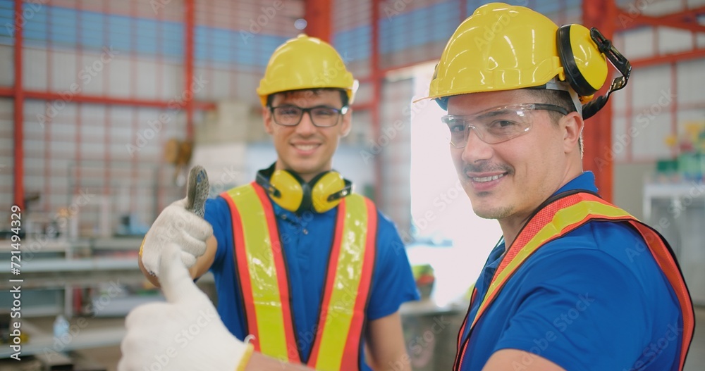 Two smiling Engineers construction industrial workers wearing hardhats ...