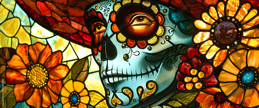 Stained glass representation of a Catrina, a traditional Mexican symbol ...