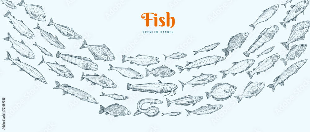 Hand draw ocean and river different fish in cartoon sketch style ...
