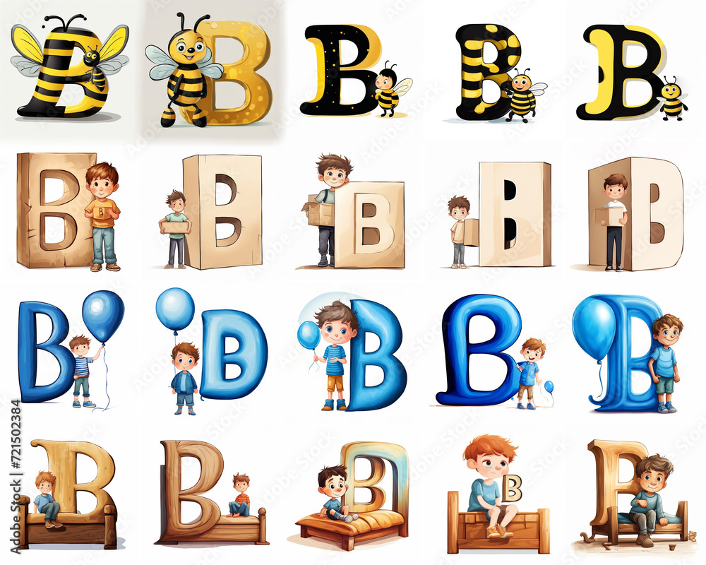 Group of various colourful B letters with pictures of words starting ...