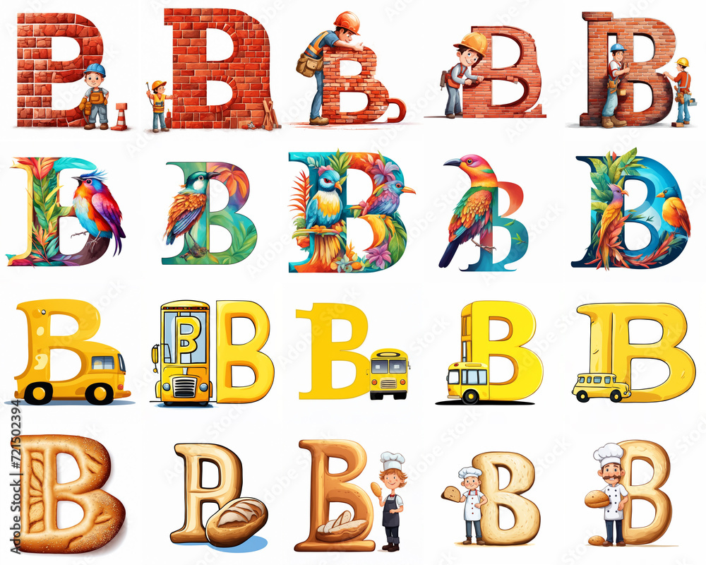 Group of various colourful B letters with pictures of words starting ...